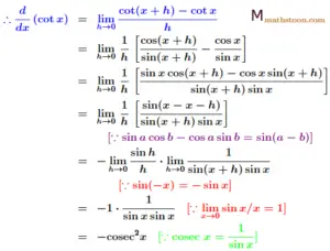 Derivative of cotx: Proof by First Principle, Product, Quotient, Chain ...